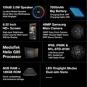 AGM H5 Pro Rugged Smartphone Unlocked, Android 12 Rugged Phone with Triple Camera, MediaTek Helio G85, 109dB Speaker, 8GB RAM 128GB ROM, 7000mAh, Fingerprint Sensor, NFC, 6.52inch Rugged Cell Phone