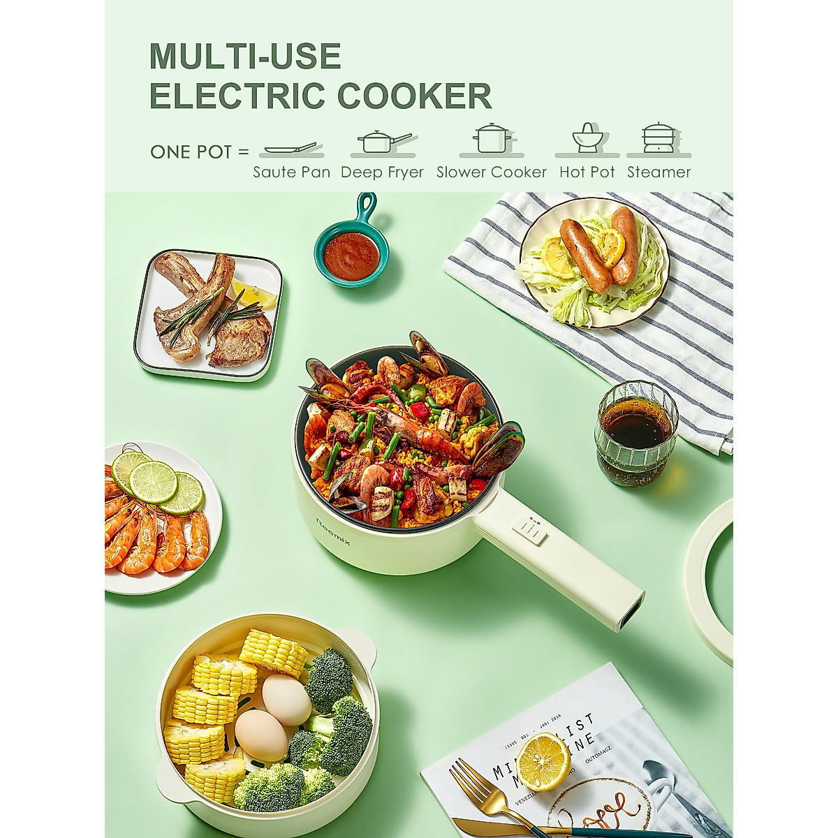 Hot Pot Electric With Steamer, 1.6L Ramen Cooker Non-Stick Sauté Pan for Steak, Egg, Fried Rice, Ramen, Oatmeal, Soup, Portable Personal Perfect Suit Dorm Room and Apartment (White)