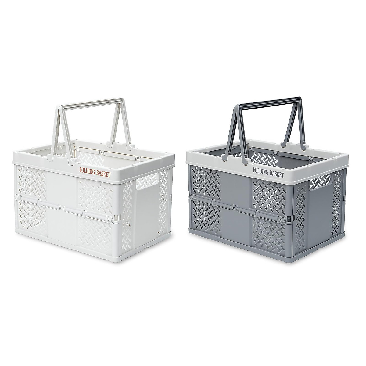 TRZZ 2-Pack Plastic Storage Baskets with Handle, Collapsible Hanging Basket for Organizing, Pastel Storage Crates for Car, Kitchen, Office, Bathroom, and Picnic Organizing, White+Gray. (12.2"x9"x8.2")