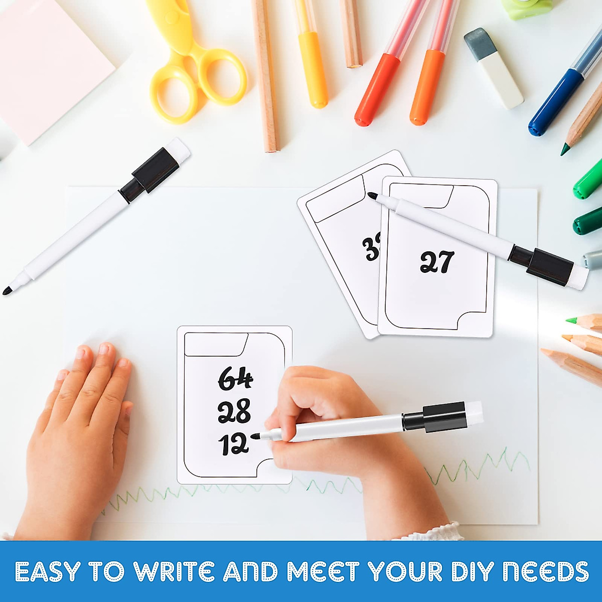50 Pieces Multifunctional Tokens Reusable Cards Erasable Index Cards Dry Erase Cards White Blank Flash Cards with 5 Pcs Black Marker Pens for Playing Games, School, Office, Housework