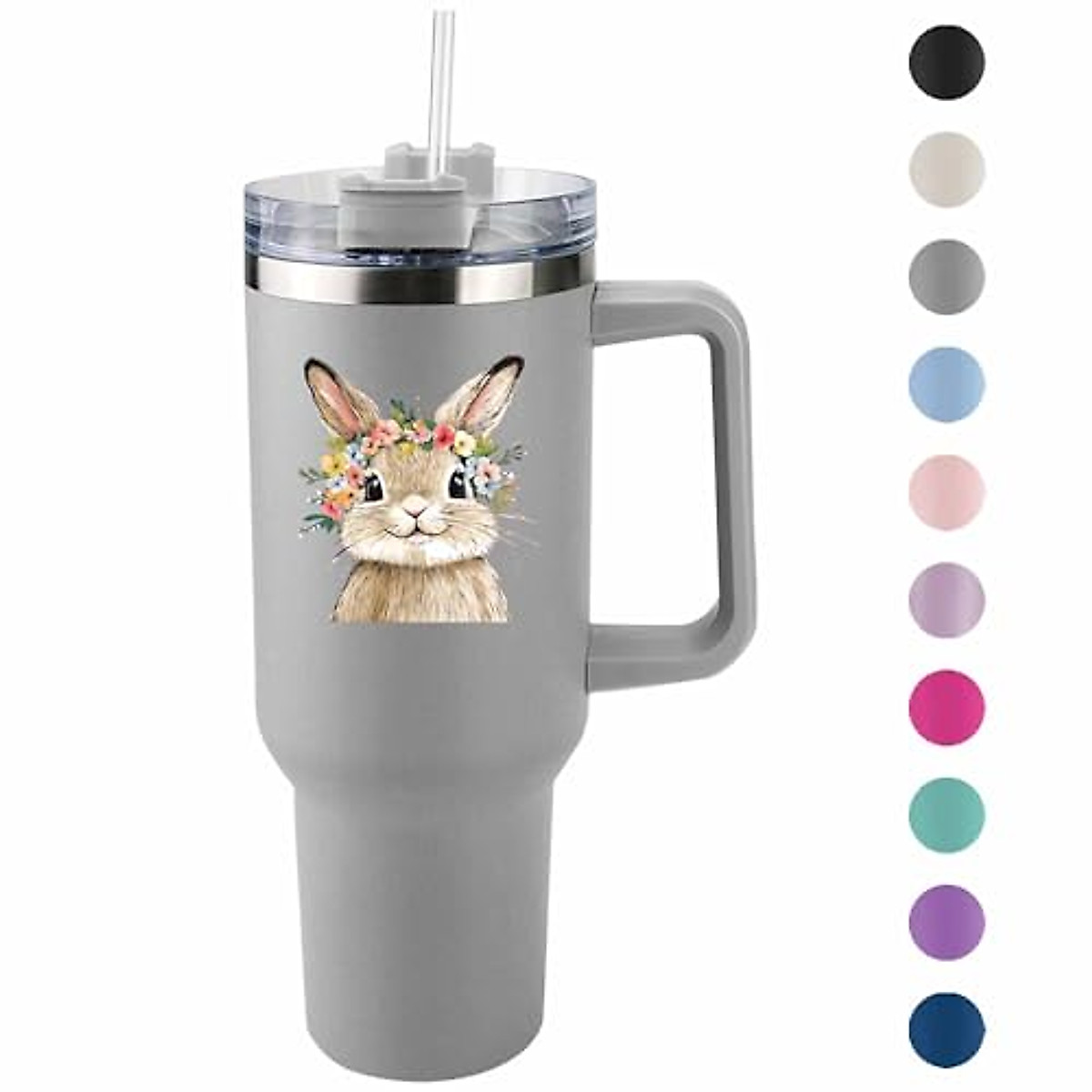 LB LEOBON 40 ounce insulated cup with handle, double-layer vacuum stainless steel material, equipped with straw, can keep warm or maintain cold drinks Easter Rabbit F grey