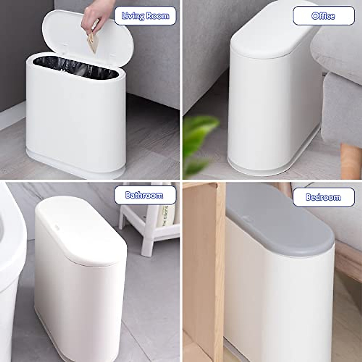 YISTOS 10 Liter Slim Rectangular Waste Bin, Wastebasket with Press Type Lid, 2.4 Gallon Garbage Baskets for Bathroom, Powder Room,Bedroom,Kitchen,Craft Room, Office-Grey Lid