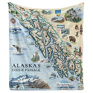 Alaska Inside Passage Map Fleece Blanket - - Hand-Drawn Original Art - Soft, Cozy, and Warm Throw Blanket for Couch - Unique Gift - 58"x 50"