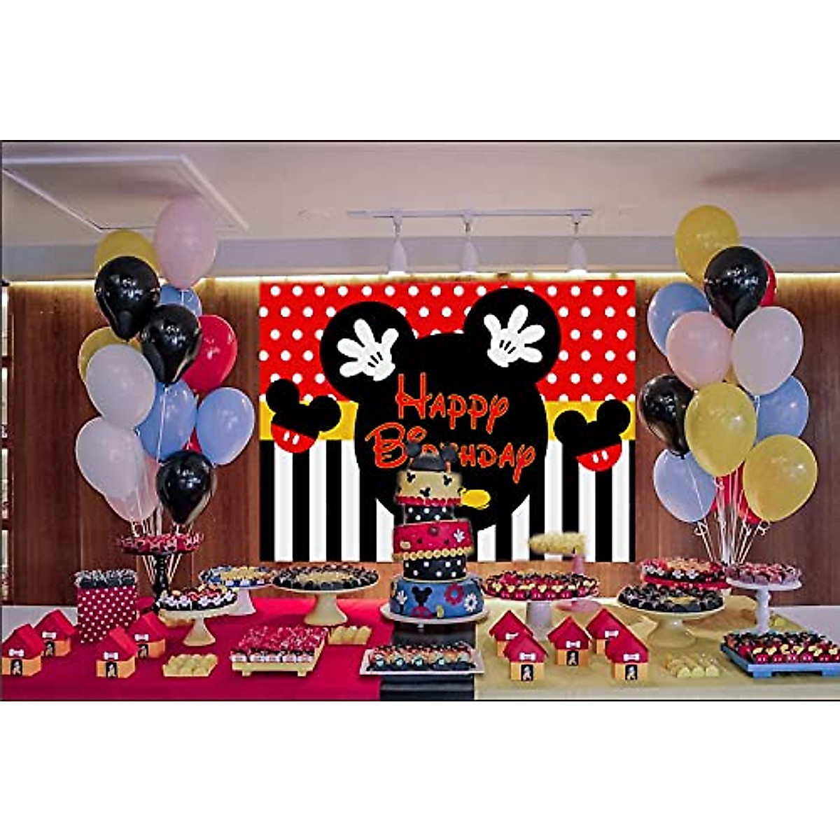BINARY, Betta Mickey Mouse Photo Backdrop Mickey Happy Birthday Backdrop Red Black Stripes Dots Cartoon Mouse Backdrops for Baby Birthday Party Cake Table Background 6x4ft