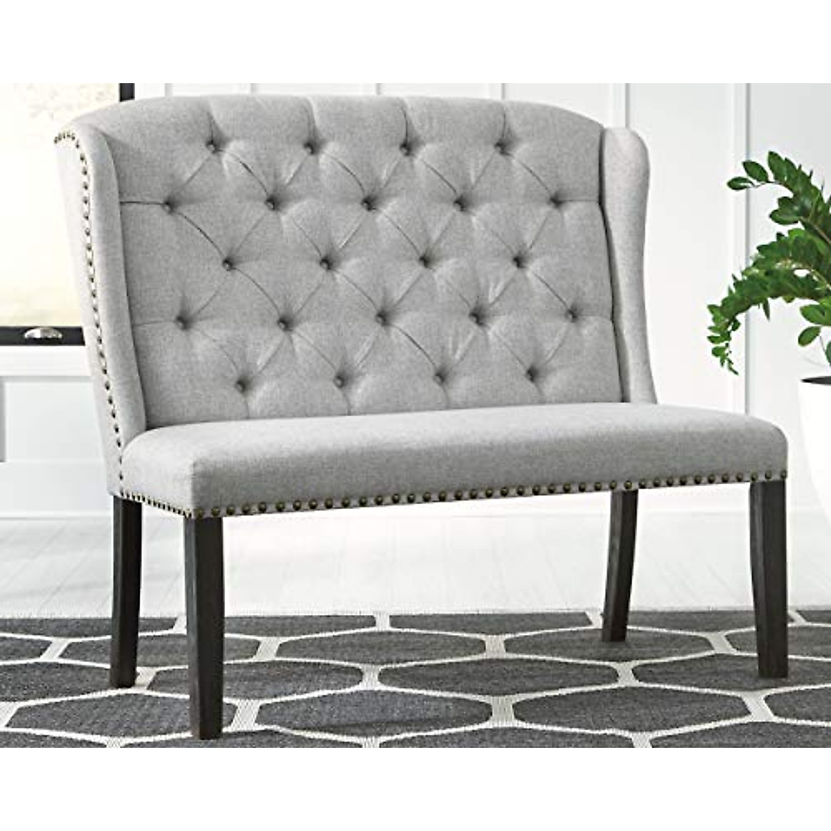 Signature Design by Ashley Jeanette Casual Tufted Back Dining Bench or Sette with Nailhead Trim, Gray