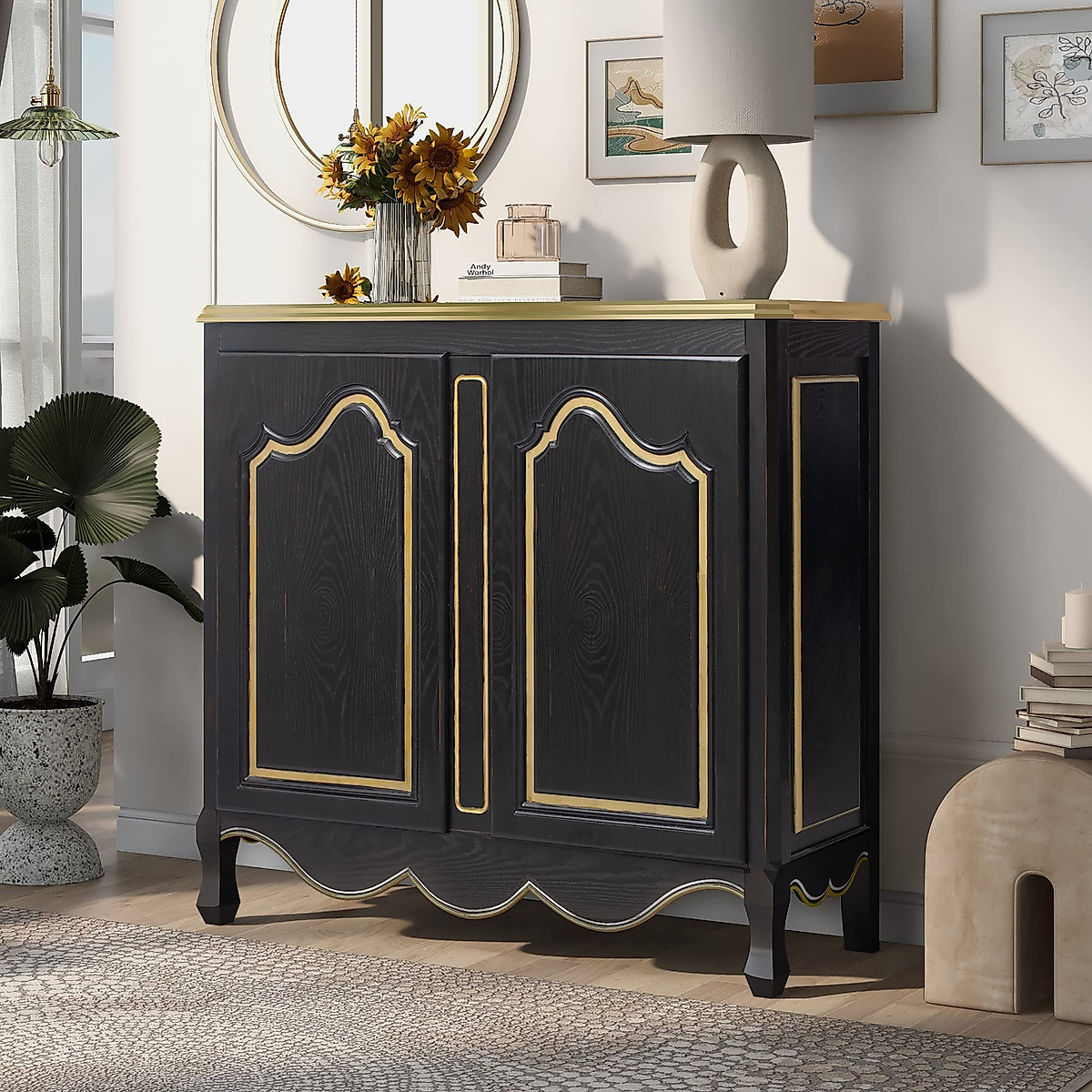 yoptote 2 Doors, Sideboard w/Enough Save Spaces,Pure Hand Drawn,Solid Wood Legs,Study and Entryway,Black Storage Cabinet