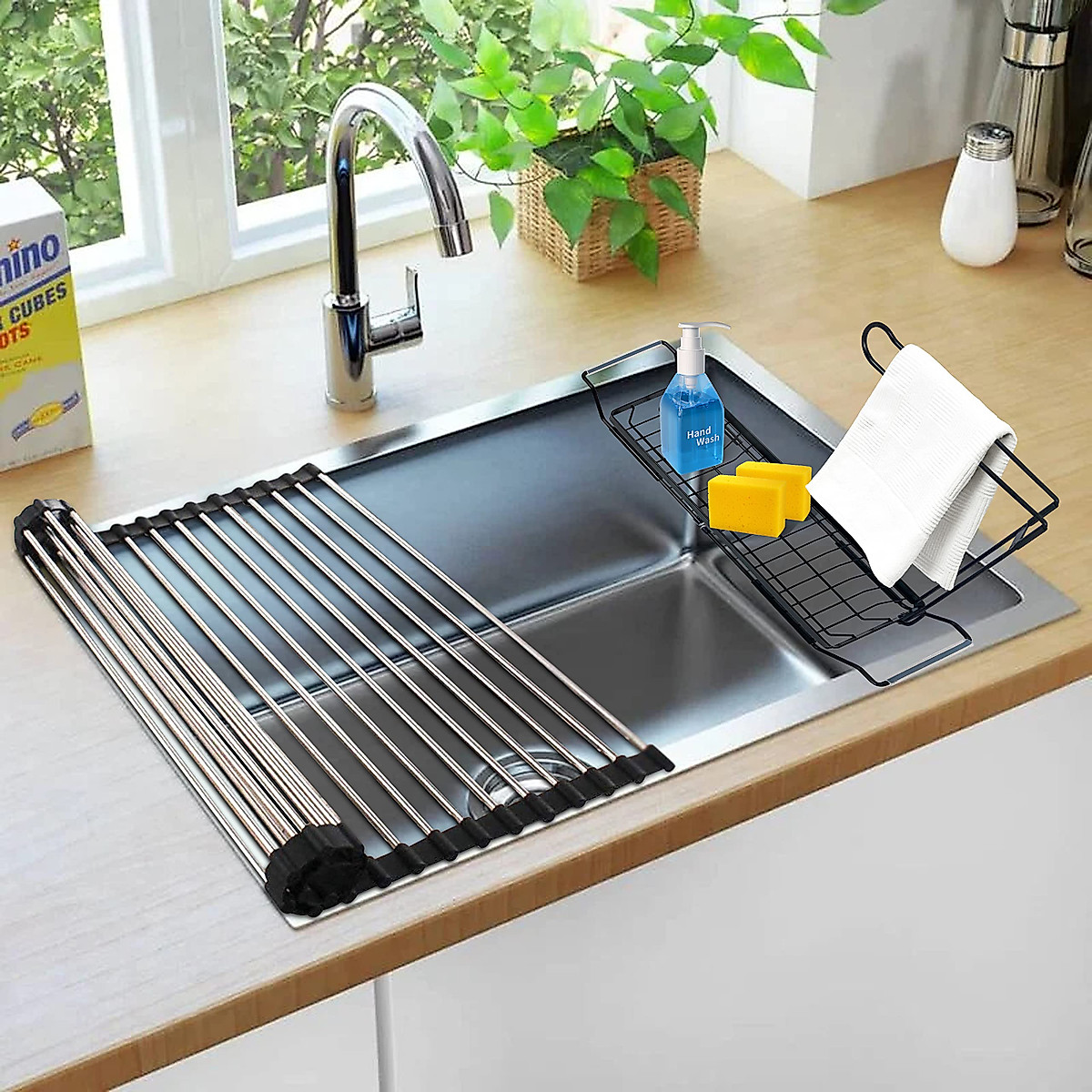 MK3 roll up Dish Drying Rack for Kitchen Counter , with Sponge Holder for Kitchen Sink Caddy Organizer Telescopic Storage Black