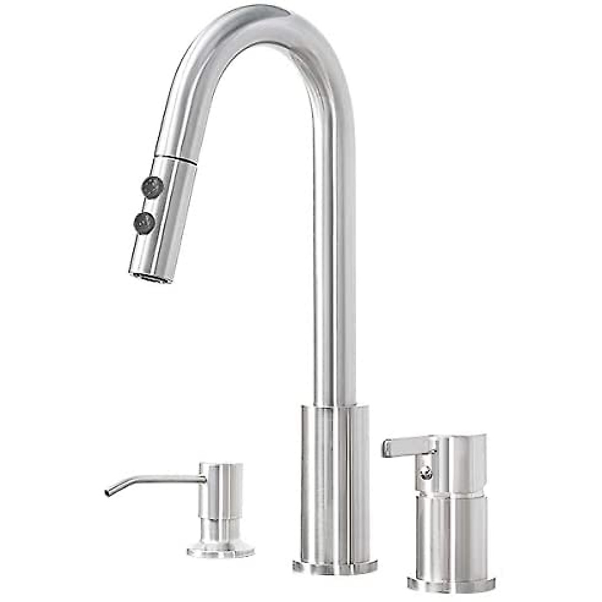 3 Hole Kitchen Faucet, Single Handle Stainless Steel Kitchen Faucets with Pull Down Sprayer, 2 Hole Widespread Kitchen Sink Faucet with Soap Dispenser, Brushed Nickel KMF025L