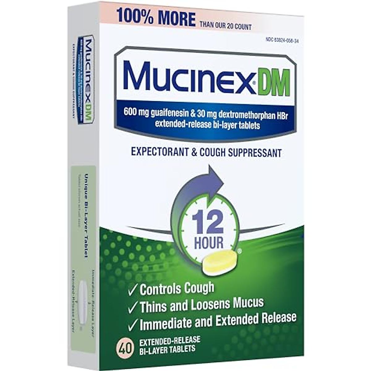Mucinex DM 12Hr Chest Congestion & Cough Medicine For Adults, Cold And Cough Medicine for Excess Mucus Relief, 600 mg Guaifenesin & 30 mg Dextromethorphan HBr, 40 Bi-Layer Tablets