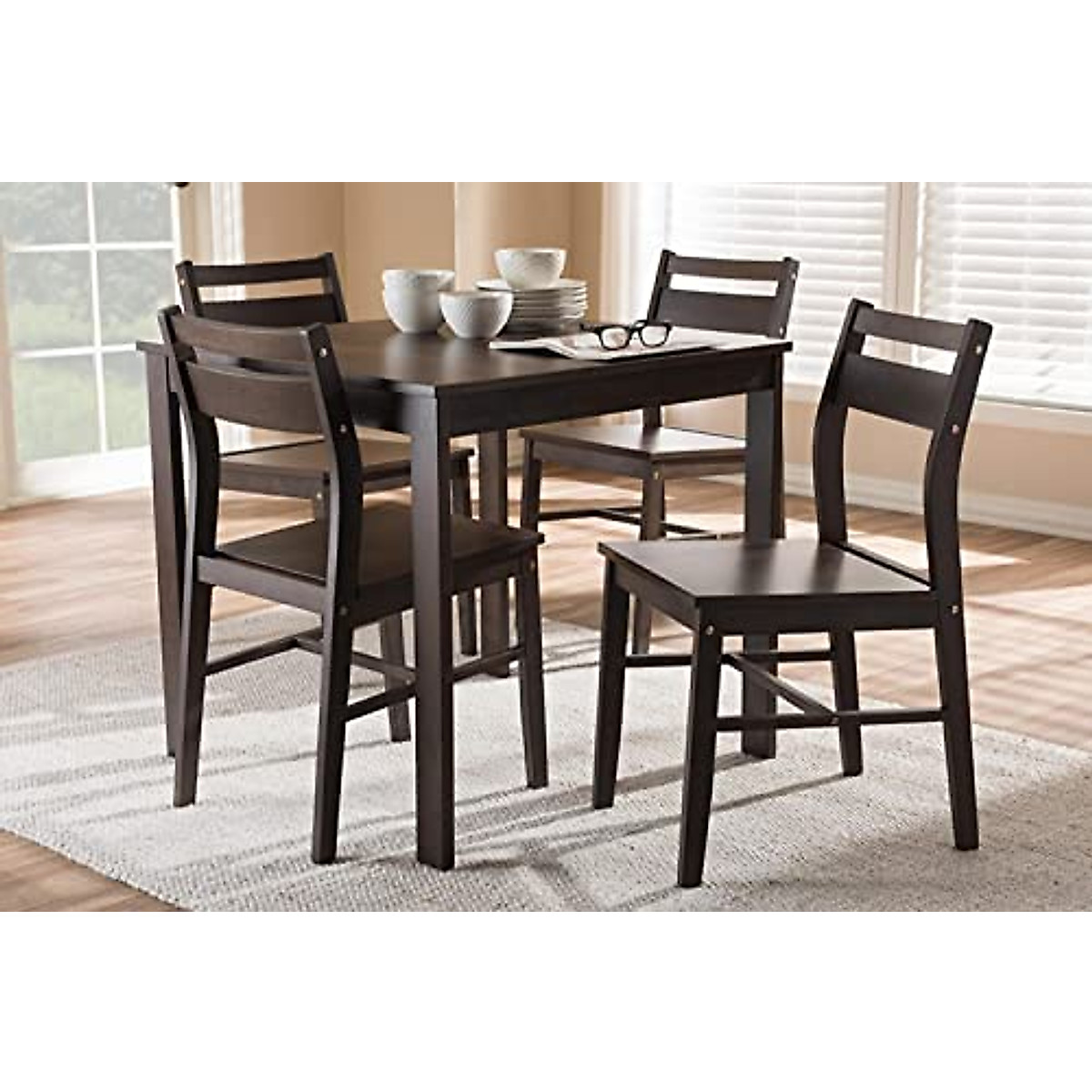 Baxton Studio Lovy Modern and Contemporary Walnut-Finished 5-Piece Dining Set/Contemporary/Brown/Medium Wood/Rubber Wood