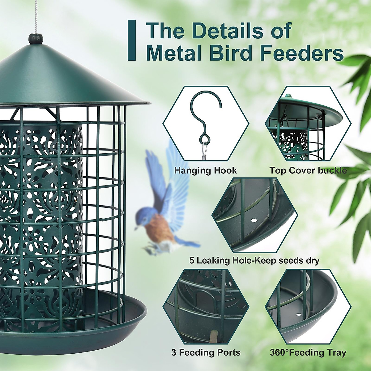 Gaprass Squirrel Proof Bird Feeders, Metal Bird Feeders for Outdoors Hanging, Bird Feeder for 360°Feeding Area for Wild Birds, Chew Proof & Rust Proof, 4lbs Capacity - Green
