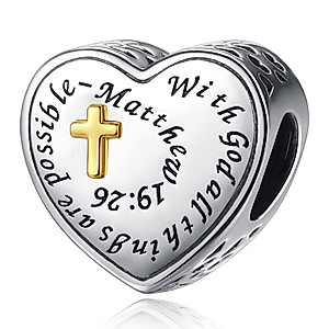 Vito Sterling Silver Charms for Pandora Bracelets, With God All Things Are Possible Cross European Beads Christian Gifts for Women