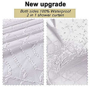 OWENIE White Shower Curtain for Bathroom, 2022 New Upgrade 100% Waterproof 3D Embossed 2 in 1 White Fabric Shower Curtains, Geometric Polyester Modern Luxury Elegant Hotel Style Pattern, 72 x 72 Inch
