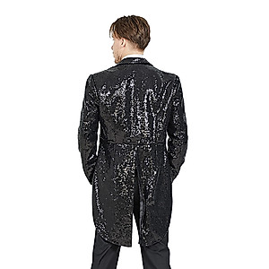 MAGE MALE Mens Sequin Tuxedo Jacket Tails Slim Fit Tailcoat Dress Coat Swallowtail Dinner Party Wedding Blazer Suit Jacket Black