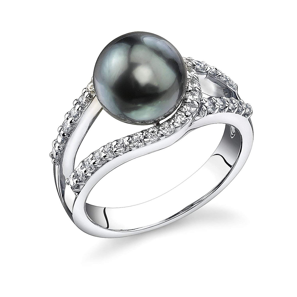 The Pearl Source Tahitian South Sea Cultured Pearl Ring for Women, Tessa Ring in Black with Sterling Silver and Crystals