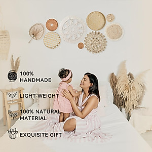 SMGY Set of 9 wall basket decor hanging boho Rattan Flat Woven Macrame Tassels Bamboo handmade serving tray art set for living room bedroom dining room-3.2-14.5in