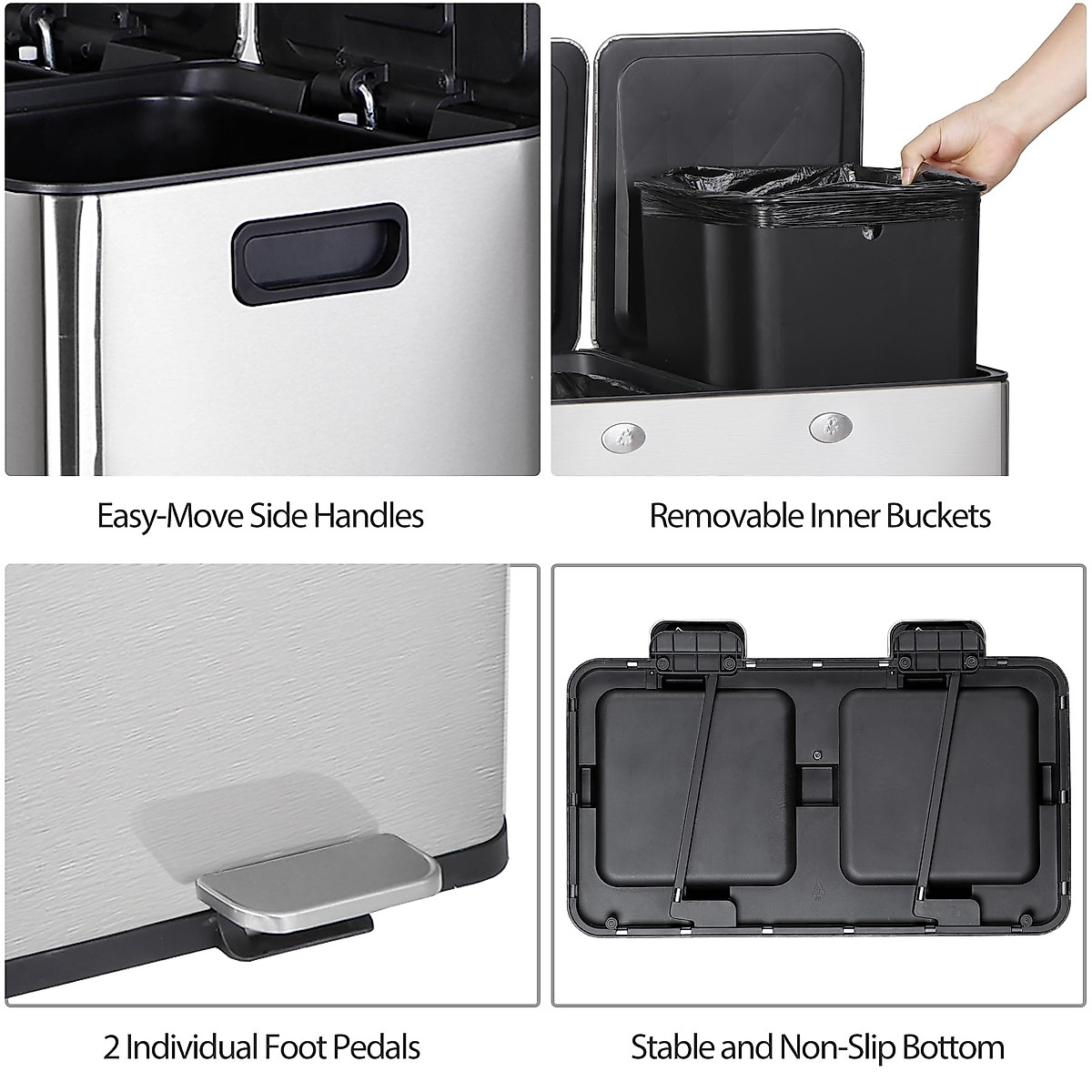 SUPER DEAL Kitchen Trash Can 16 Gallon 60L Dual Stainless Steel Garbage and Recycling Can with Foot Pedal for Kitchen, Living Room, Office, Removable Inner Buckets Soft Close Lid Odor Proof, Silver