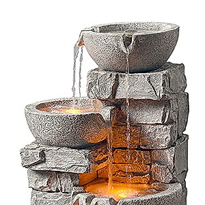 Teamson Home Water 4 Tiered Bowls Floor Stacked Stone Waterfall Fountain with LED Lights and Pump for Outdoor Patio Garden Backyard Decking Décor, 33 inch Tall, Gray