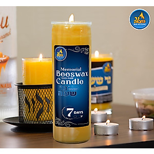Ner Mitzvah 7 Day Beeswax Yartzeit Candle - 7 Day Kosher Yahrtzeit Memorial and Yom Kippur Candle in Glass Jar