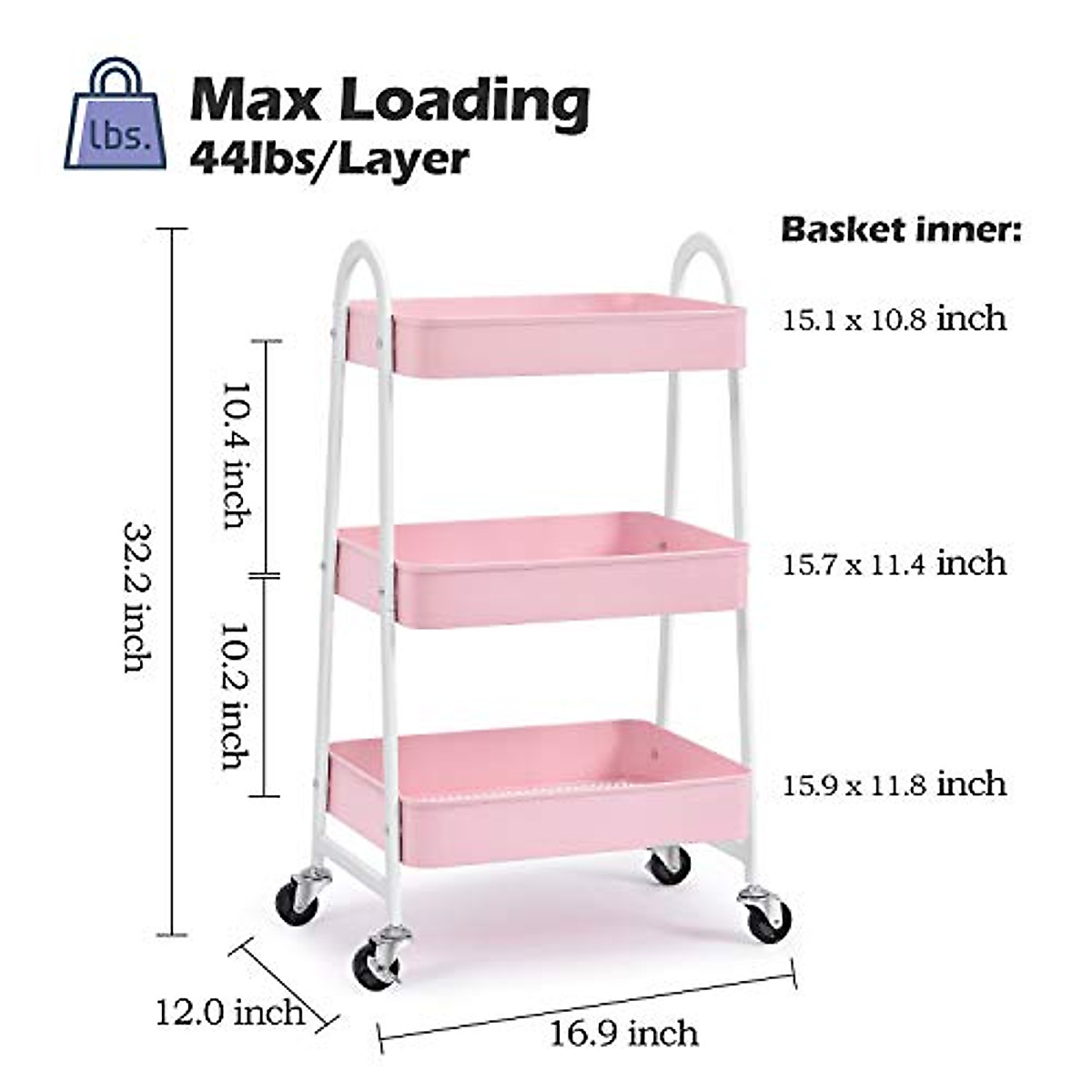 3-Tier Utility Rolling Cart with Large Storage and Metal Wheels for Office,Kitchen,Bedroom,Bathroom,Black,Pink,White