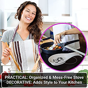 Kitchen Spoon Rest White WITH ANTI-SCRATCH PADDED BASE - Stove Spoon Holder for Stove Top - Ceramic Spoon Rest for Stove Top - Kitchen Spoon Holder for Kitchen Counter | Super Durable White Porcelain