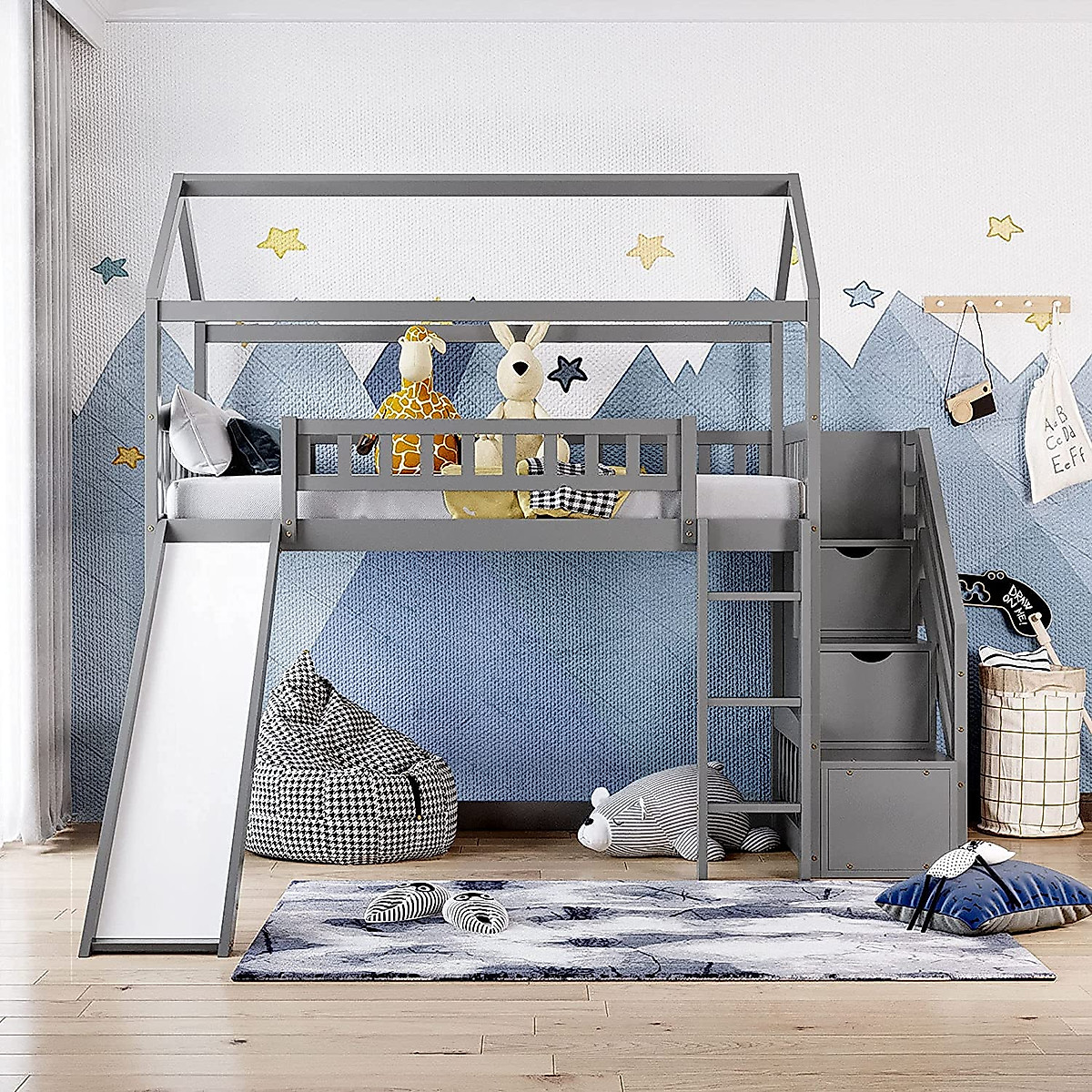 Harper & Bright Designs House Bed Loft Bed with Slide, Twin Loft Bed with Stairs and Storage, Wood Loft Bed Frame for Kids & Girls & Boys (Gray)