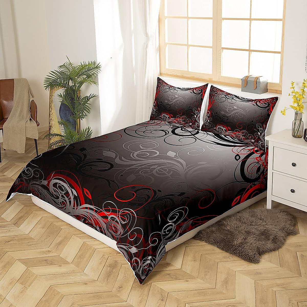 Castle Fairy Black Red Gray Bedding Set,Modern Branch Duvet Cover for Kids Teen Boys Girls,Chic Abstract Comforter Cover Decorative Room,Modern Creativity Quilt Cover with 2 Pillowcases,King Size