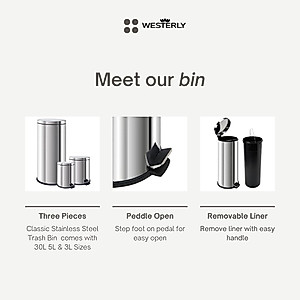Westerly 3 Pcs Premium Stainless Steel Trash Bin Set - 30L, 5L, 3L