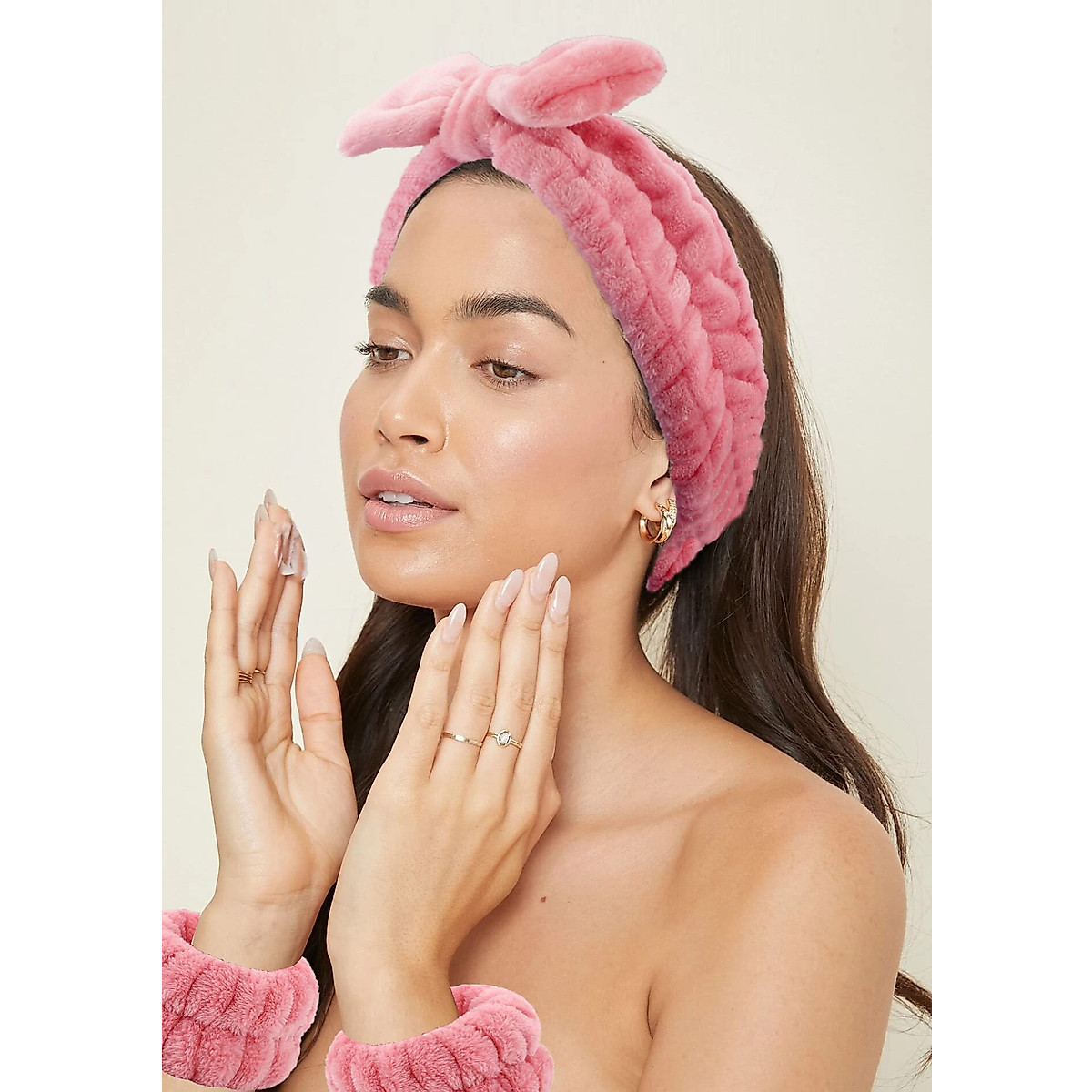 6 Pieces Spa Headband Wrist Washband Scrunchies Cuffs for Washing Face, Towel Wristbands Hair Headband Face Wash Wristband for Women Girls Makeup Prevent Liquids from Spilling Down Your Arms (Pink)