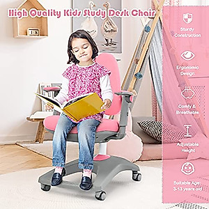 Costzon Kids Chair, Adjustable Height Student Chair w/Sit-Brake Casters, Seat Depth Adjustable, Footrest & Flip-up Armrest, Home School Ergonomic Computer Chair, Kids Desk Chair (Pink)