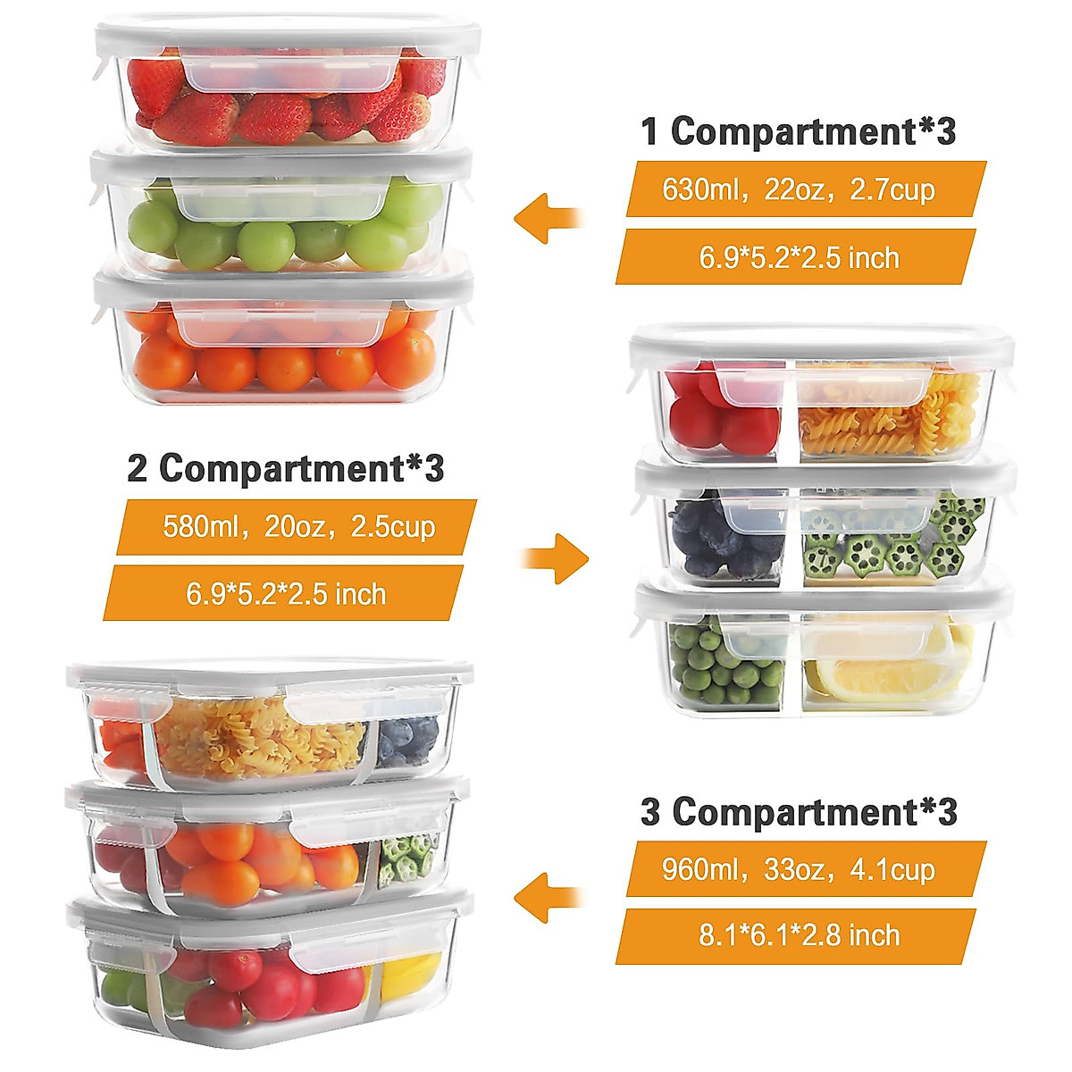 Bayco 9 Pack Glass Meal Prep Containers 3 & 2 & 1 Compartment, Glass Food Storage Containers with Lids, Airtight Glass Lunch Bento Boxes, BPA-Free & Leak Proof (9 lids & 9 Containers)