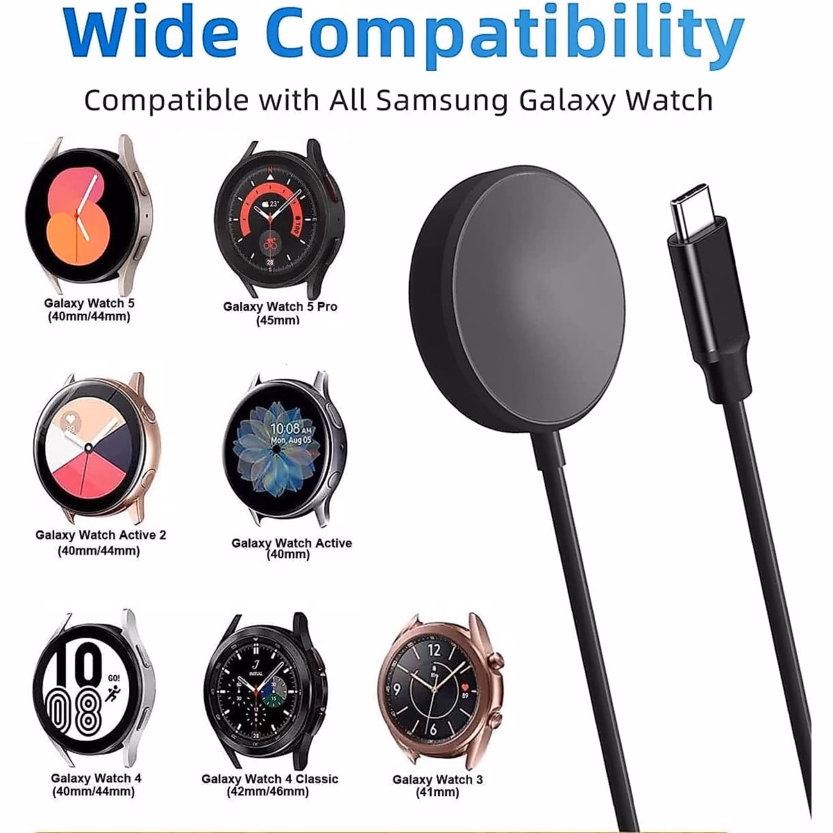 USB C Samsung Galaxy Watch 3 4 5 6 Charger, Magnetic Watch Charging Dock Cable Compatible with Samsung Galaxy Watch 6/6 Classic/ 5 Pro/ 5/4/ 4 Classic/ 3/ Active 2/ Active, 3.3FT