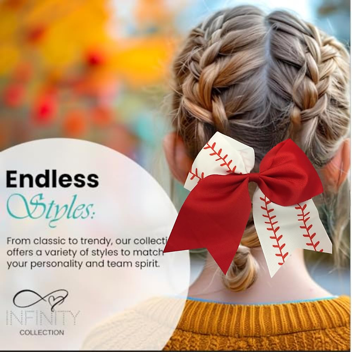 Sportybella - Baseball Stitch Hair Accessories for Girls - Red and White Softball Print Hair Bows, Ponytail Holders Gift Set - 6.5"