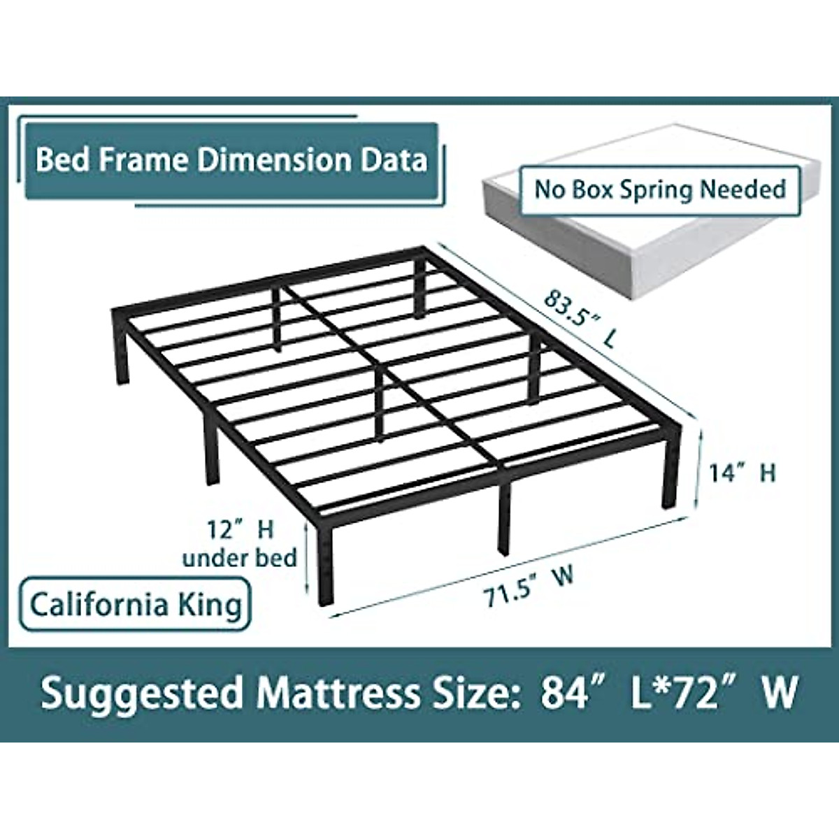 Rooflare California King Bed Frames 14 Inch High 9 Legs Max 3500lbs Heavy Duty Sturdy Metal Steel Cali King Size Platform No Box Spring Needed Black Easy to Assemble-Black
