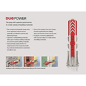 fischer DuoPower 1/4"x1-3/16", Powerful Universal Plug with Intelligent 2-Component Technology for fastenings in Concrete, Bricks, Gypsum plasterboard, chipboard, 100 Plugs Without Screws