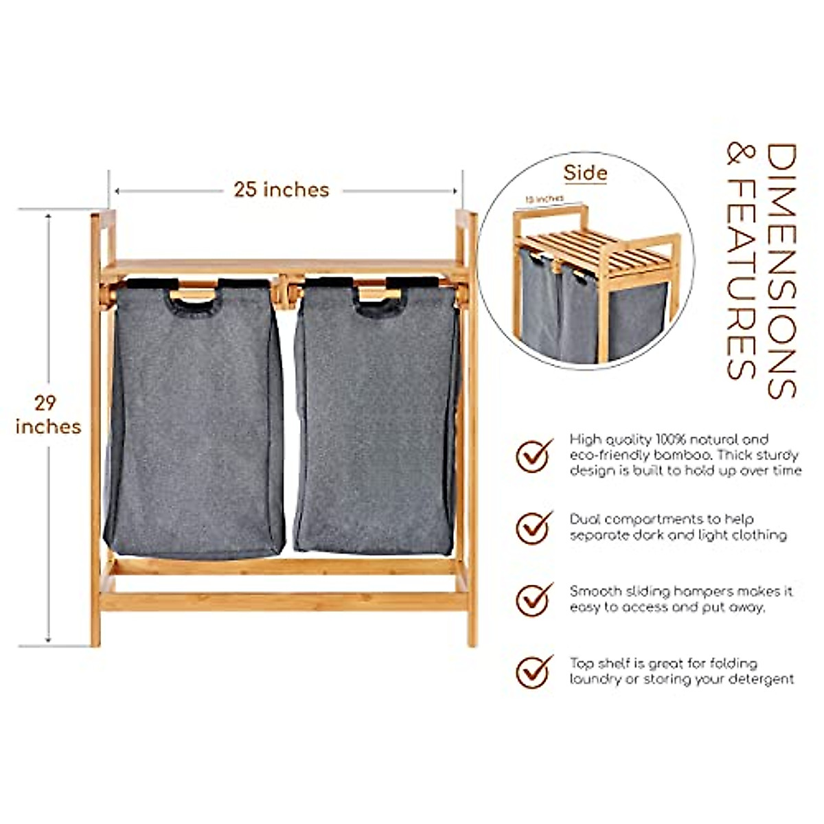 ToiletTree Products Bamboo Hamper with Dual Compartments and Deluxe Bamboo Freestanding Bathroom Organizing Shelf, 5-Tier Shelf Bundle