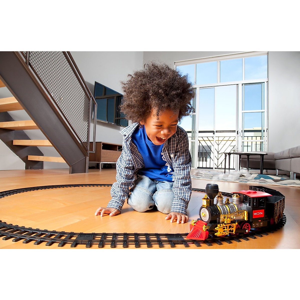 MOTA Classic Holiday Christmas Train Set with Real Smoke - Authentic Lights, and Sounds - A Full Set with Locomotive Engine, Cargo Cars, Tracks and Christmas Spirit