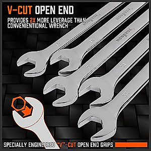 HORUSDY 15-Piece Metric Wrench Sets, V Notch Premium Combination Wrench Set Metric 8-22mm, Max Torque, 12-Point, Chrome Vanadium Steel, with Storage Rack