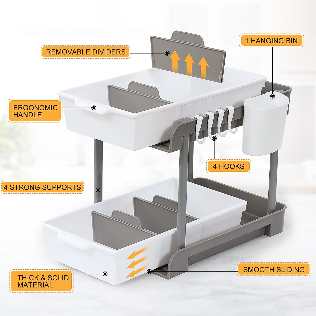 2 Tier Slide Out Under Sink Organizers and Storage with Removable Dividers - Undersink Cabinet Drawers for Bathroom, Kithcen Cleaning and Organization - Multiuse Home Pull Out Organizing Tray, 1 Set