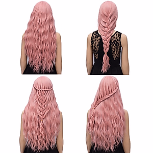 Netgo Women's Pink Wig Long Fluffy Curly Wavy Hair Wigs for Girl Heat Friendly Synthetic Cosplay Party Wigs