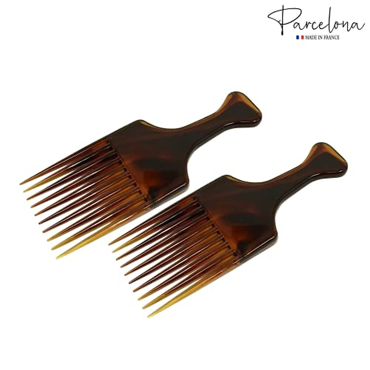 Parcelona French Afro Lift Tortoise Shell Brown Extra Large 6” Celluloid Set of 2 Salon Style Hairdressing Long Teeth Metal Free Hair Pick Combs for Women and Girls