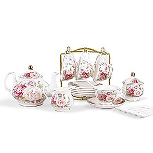 fanquare European Porcelain Coffee Set, Pink Women Tea Set, Bone China Tea Set, Vintage Floral Coffee Tea Pot with Cups