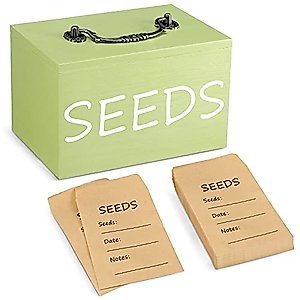 Seed Storage Box Organizer with 20 Pcs Resealable Self Stick Paper Seed Envelopes Wooden Compact Seed Packet Container with Lid Green Seed Storage Organizer Box Seed Packet Organizer
