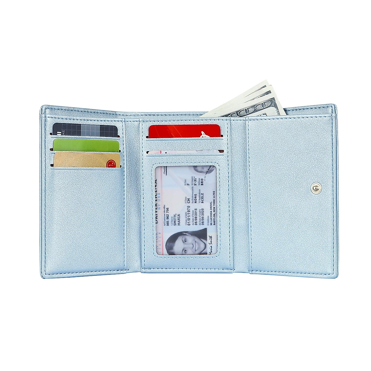 Women Short Small trifold Wallet Leather Changes ID Coin Cards Wallet, Sky Blue