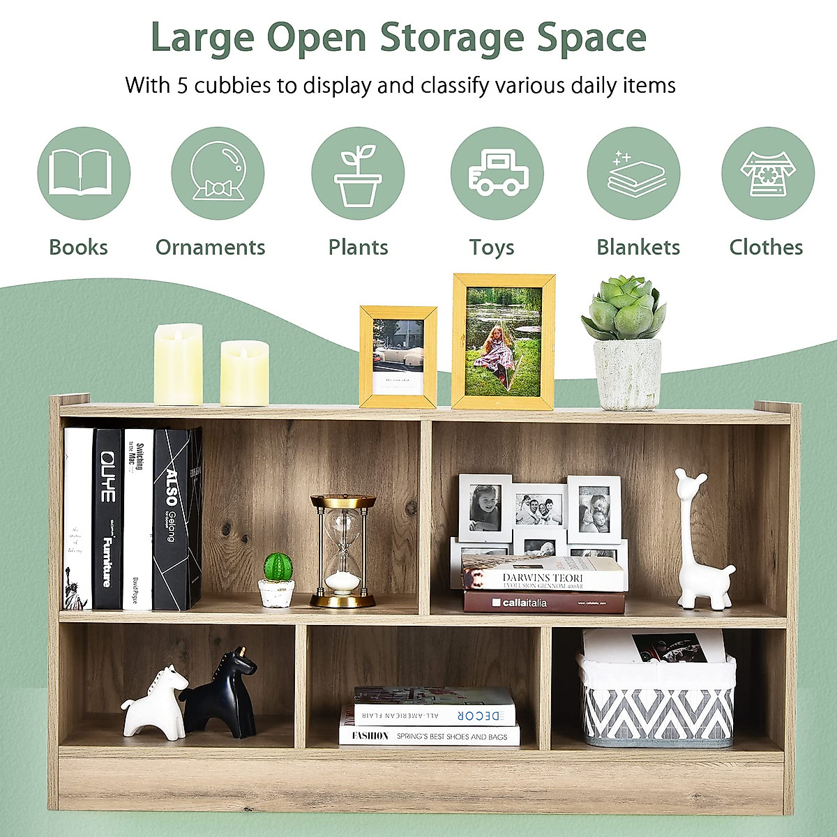 SILKYDRY 5 Cube Bookcase, 2-Tier Open Storage Cabinet, Horizontal Bookshelf for Organizer, Wooden Display Book Shelves for Home Office, Classroom (Natural, 5 Cubes)