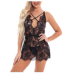 HUANKD Gifts for Nursing Home Residents, Valentine's Day Lingerie Women Sexy Lingerie Set Lengerie Women's Lingerie Mesh Lace Sling Backless Nightdress Two-Piece Set Yellow Lingerie (M, Black)