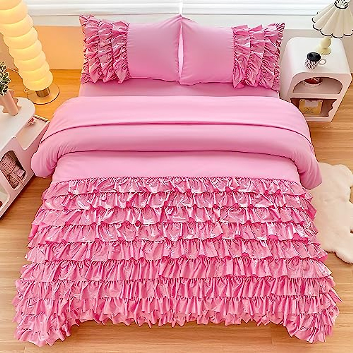 Tasselily Princess Ruffle Comforter Set Queen Szie, 5 Pcs Bed in a Bag Bling Shiny Sequin Ruffle Pink Bedding Set with Sheets for Girls/Woman