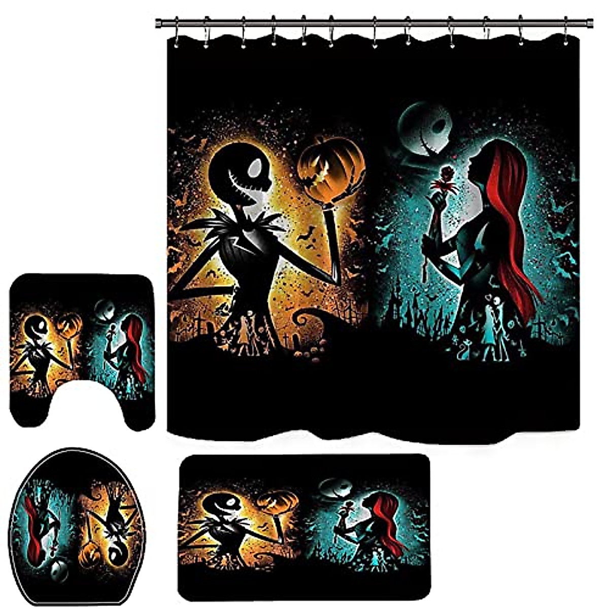 4 Pcs /Set Halloween Bathroom Decor Shower Curtain Sets with Bath Rugs ,Nightmare Before Christmas Bathtub Curtains Area Rug Mats Toilet Seat Cover Hooks Gray Skull Skeleton Blue Yellow (Black)