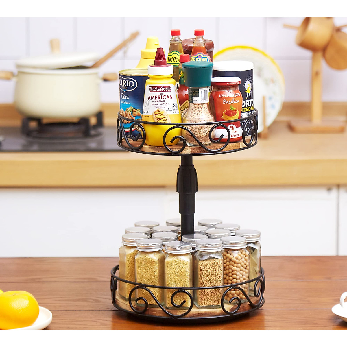 Y&M 2 Tier Lazy Susan, 9” & 10” Acacia Wood Lazy Susan Turntable Organizer, Height Adjustable Spice Rack with Steel Sides, Spice Jars Organization for Cabinet, Pantry, Kitchen, Bathroom, Countertop