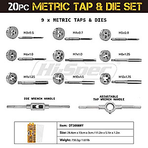 Hi-Spec 20 Piece Metric Tap & Die Set - Complete M3 to M12 Fine & Coarse Tools to Cut, Chase and Thread with Wrench Accessories in a Tray Case
